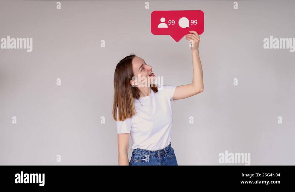 Cute young girl holding social media messages and followers icon Stock ...