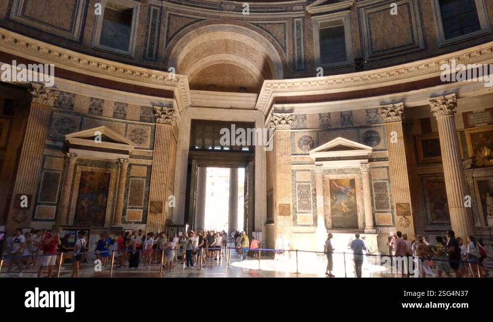 Tourists Inside The Pantheon In Rome With Pan Up To Ethereal Ray Of ...