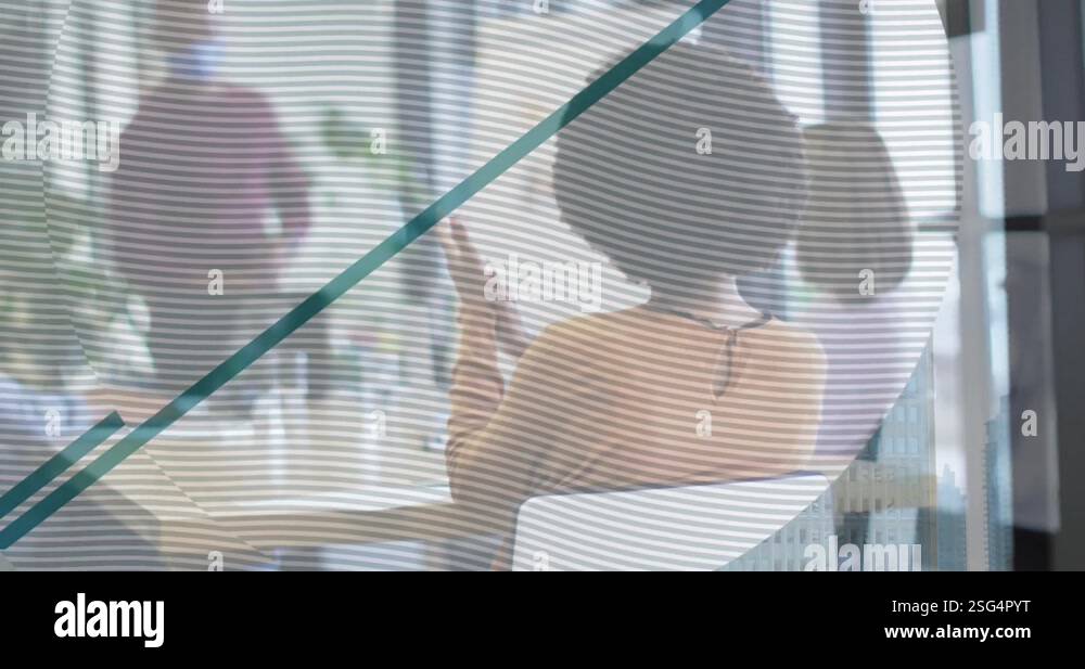 Animation of shapes over diverse business people wearing face masks at ...