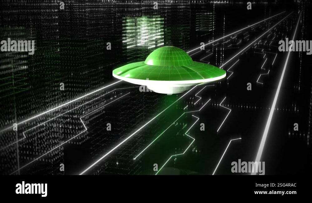 UFO Transport Flying Over Cyber Road Through Binary Code Lines In City ...