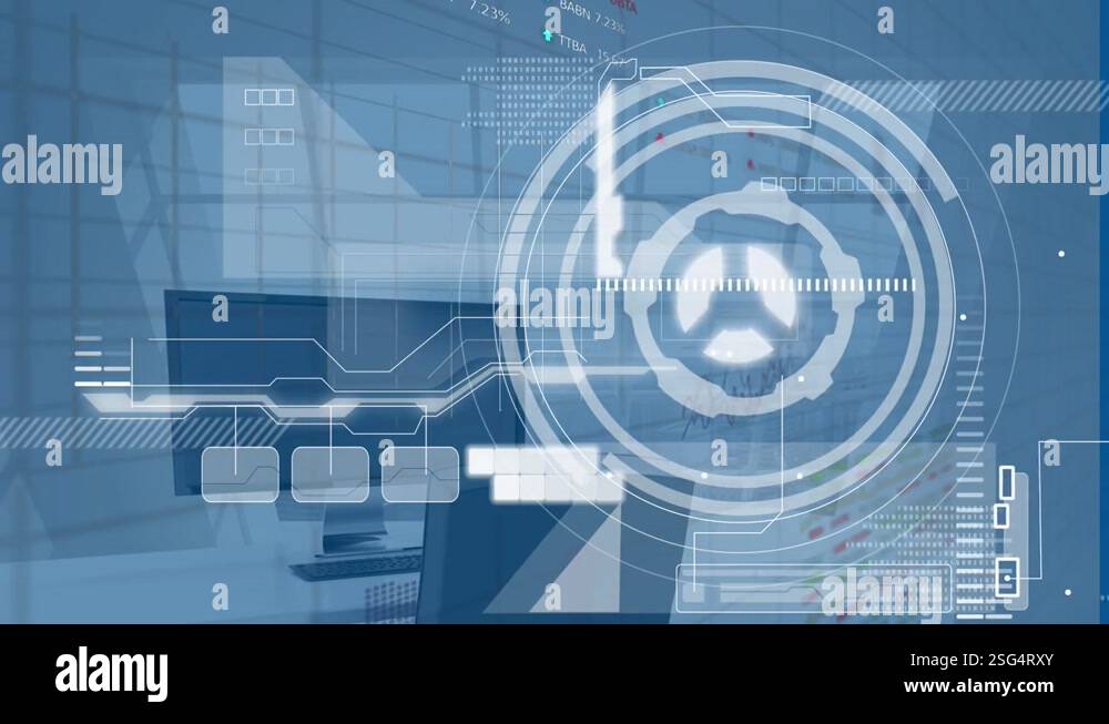 Animation of scope scanning and data processing over empty office Stock ...
