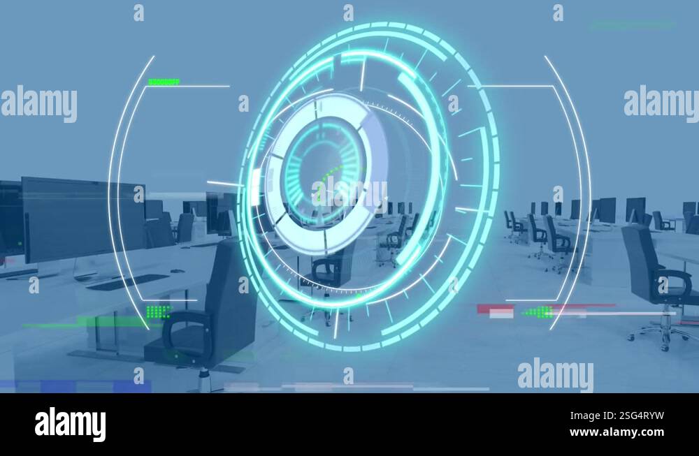 Animation of scope scanning and data processing over empty office Stock ...
