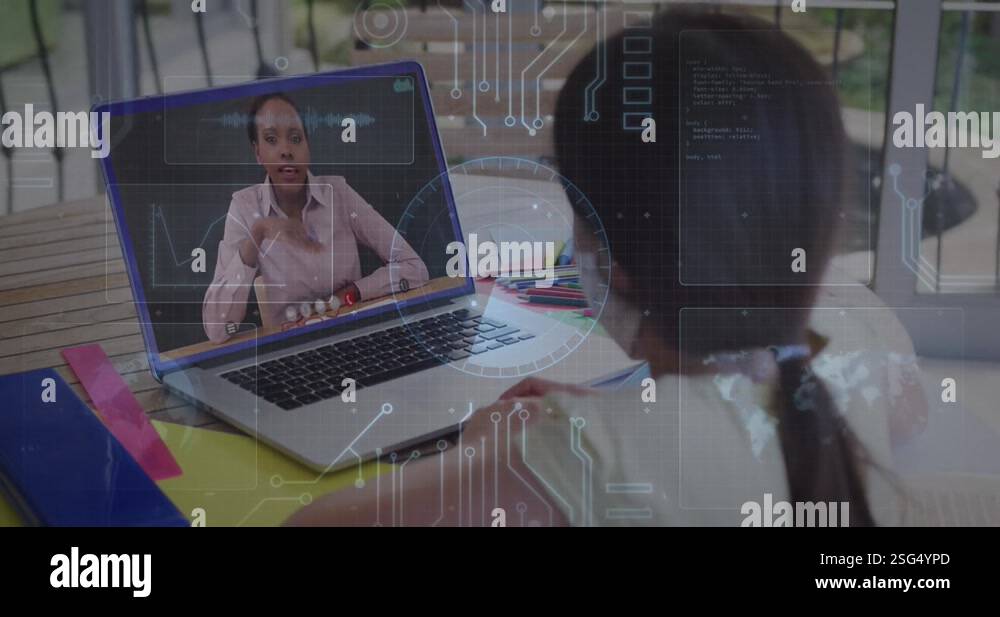 Animation of round scanner and microprocessor connections against girl ...
