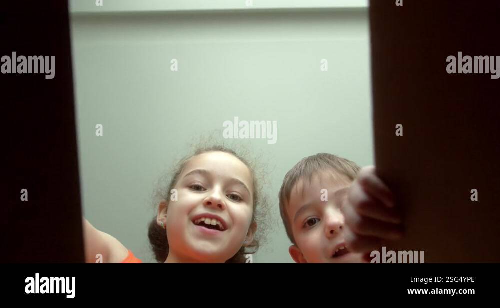 Cute children, a girl and a brother, look in a cardboard box. Inside ...