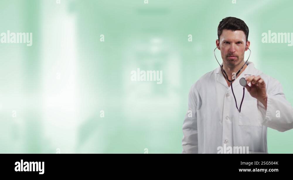 Animation of caucasian male doctor holding stethoscope over blurred ...