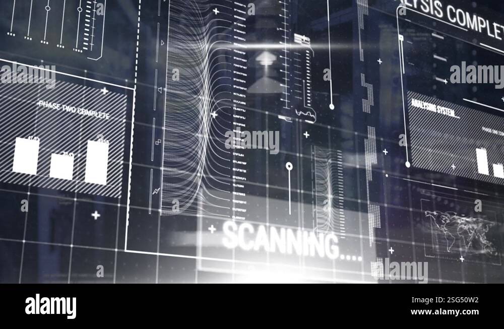 Animation of infographic data with graphs, world map scanning on ...