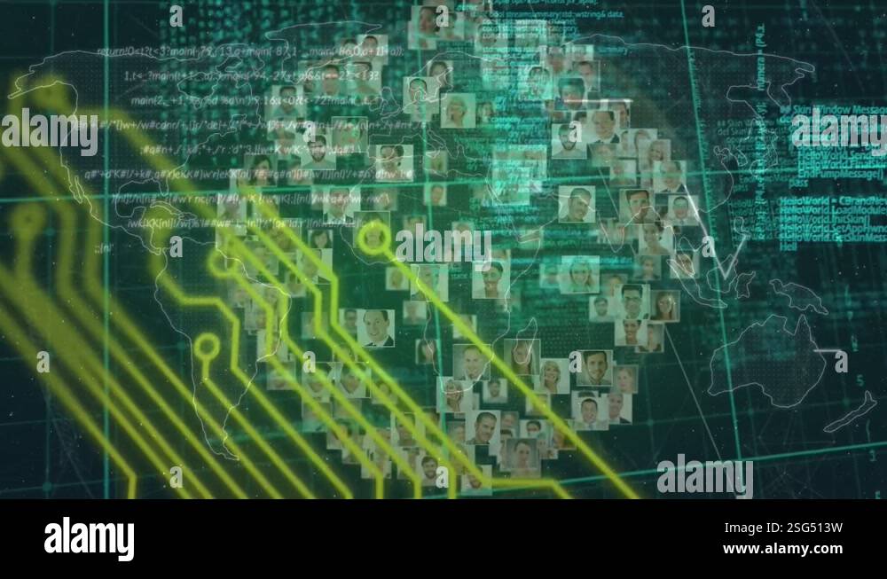 Animation of infographic interface and maps over multiracial people ...