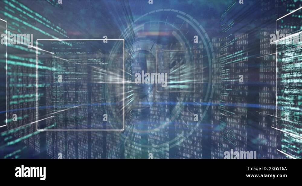 Animation of round scanner and data processing over multiple screens of mosaic Stock Video ...
