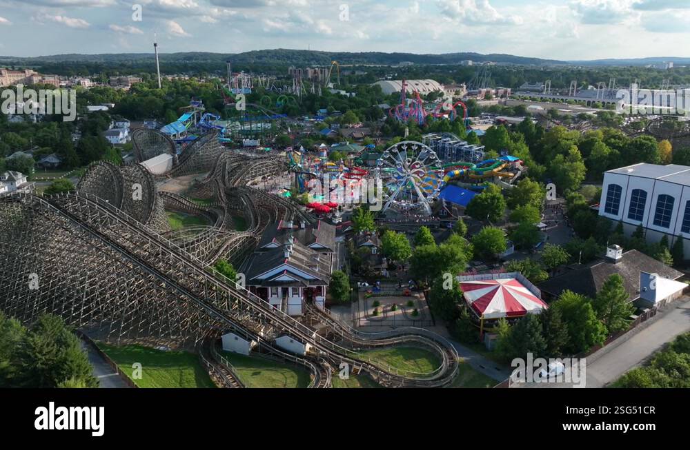 Wooden roller coaster at amusement park. Aerial view of Hershey Park's ...