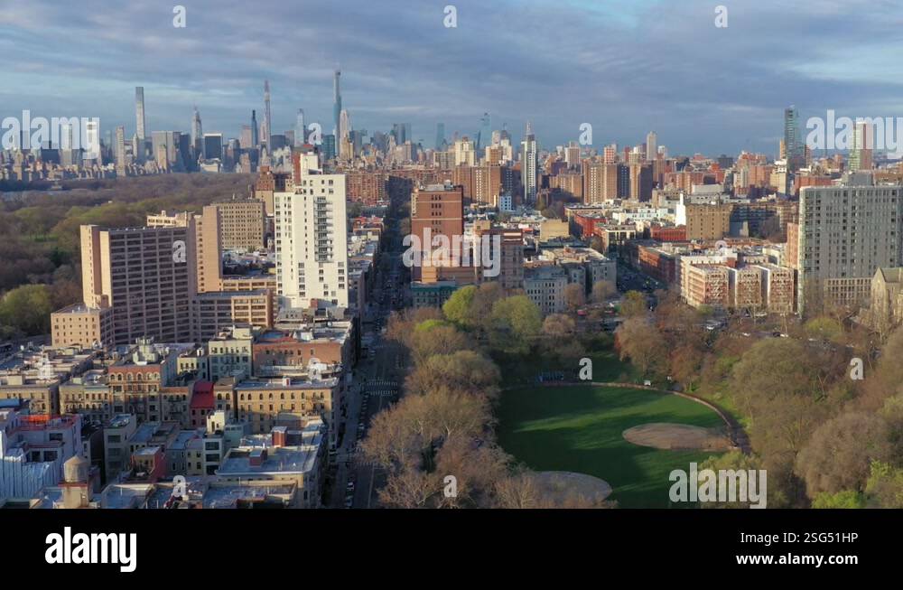 Diagonal aerial flight across Morningside Park in New York City in the ...