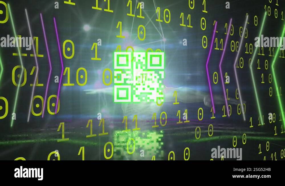 Animation Of Binary Coding And Neon Qr Code Scanner And Network Of
