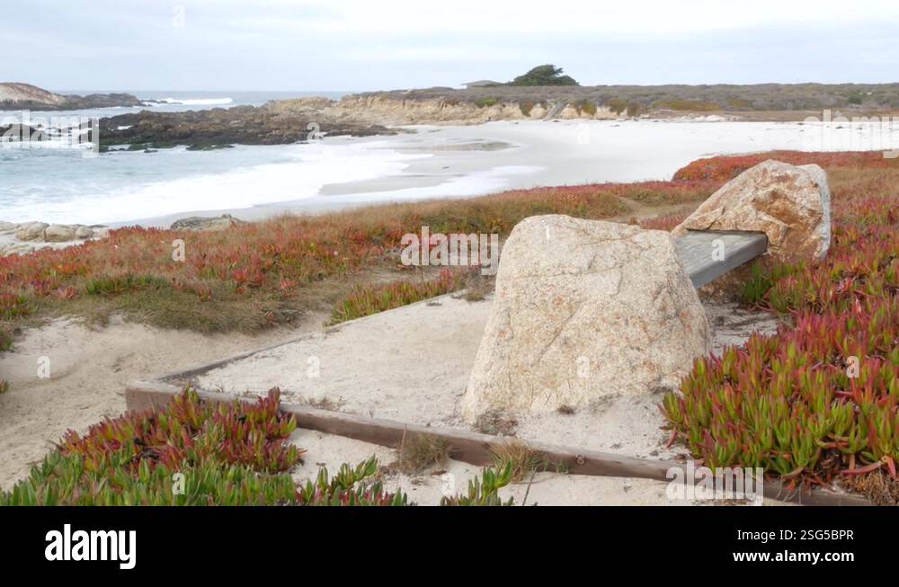 Rocky craggy ocean coast, sea waves, Monterey California. Wooden empty ...