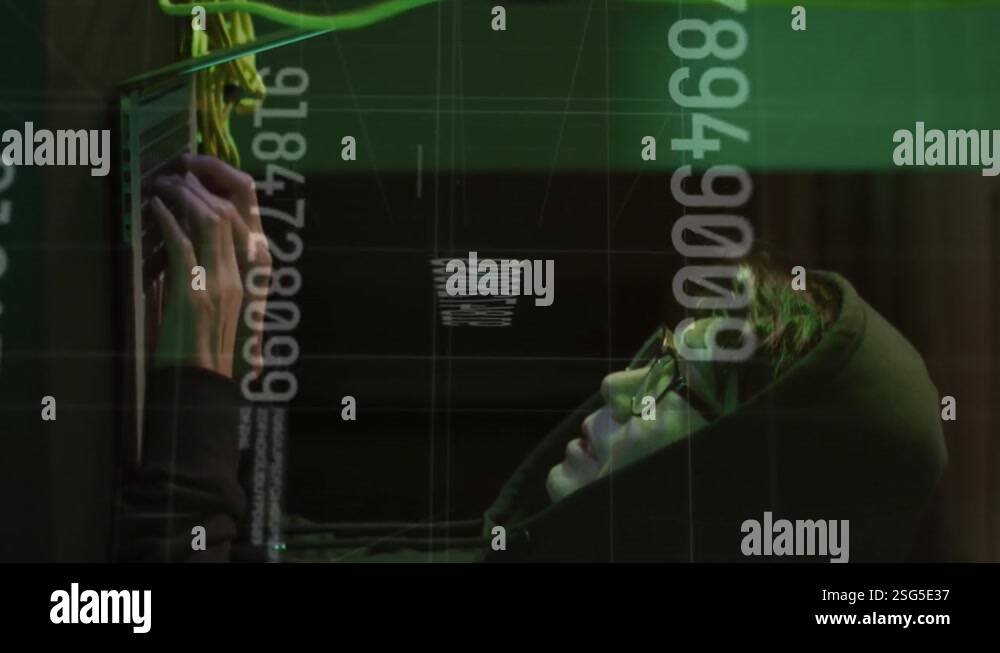 Animation of data processing over asian male hacker in server room ...
