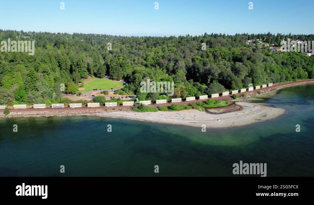 Summer Aerial View of Train Passing Carkeek Beach Park on Puget Sound ...