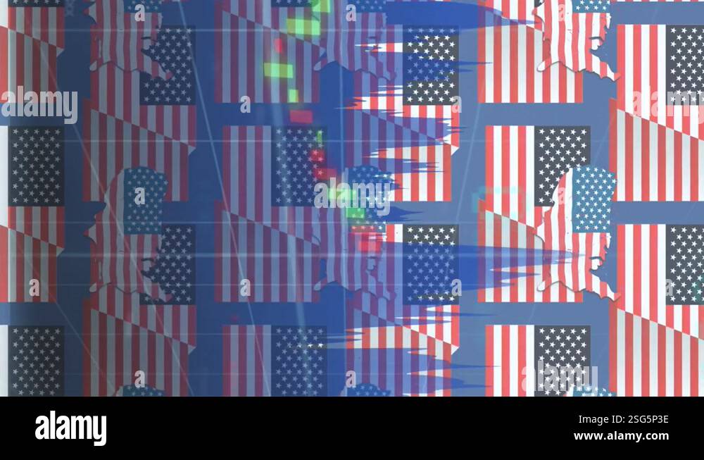 Animation of statistics processing over flags of united states of ...