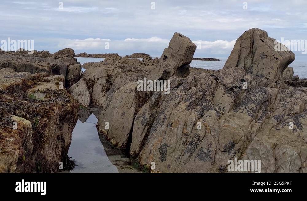Slow Panning Shot of Sea Rocks Covered in Seaweed to Open Sea at Lee ...