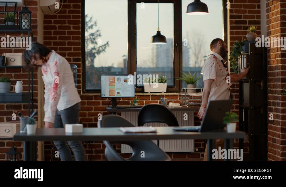 Creepy crippled office zombies wandering around workspace while picking ...