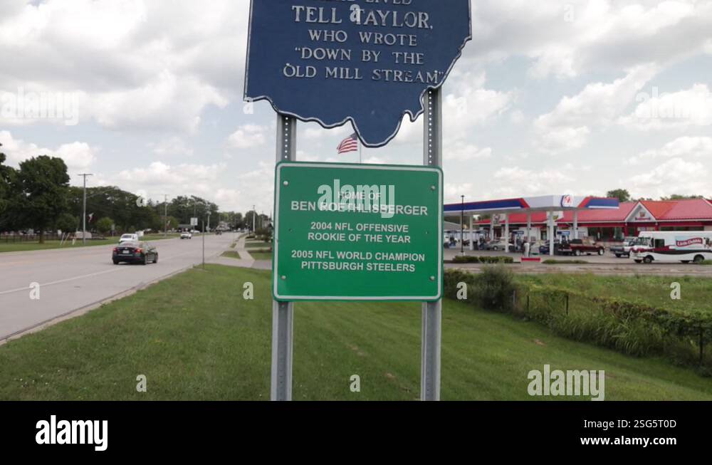 Findlay, Ohio sign showing hometown of Ben Roethlisberger with gimbal ...