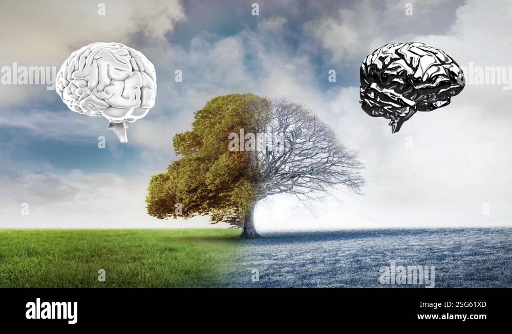 Two human brain icons spinning against landscape with tree and clouds ...