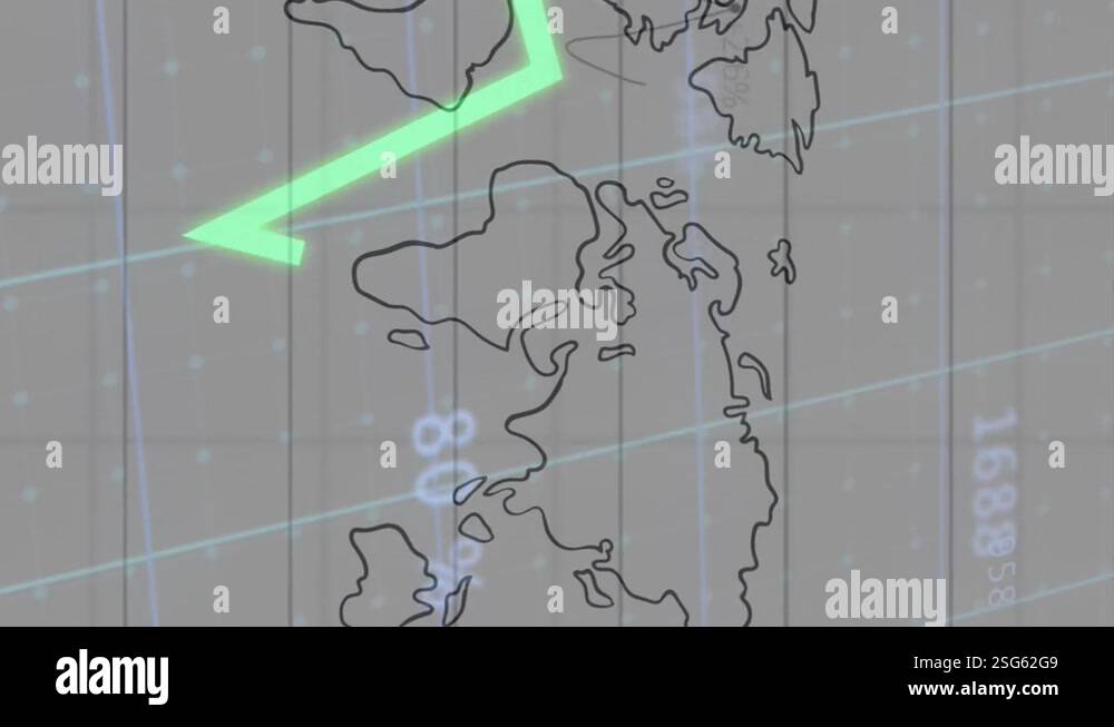 Animation of statistics processing with lines over world map with grid ...
