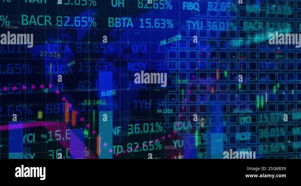 Animation of financial data processing and stock market over world map ...