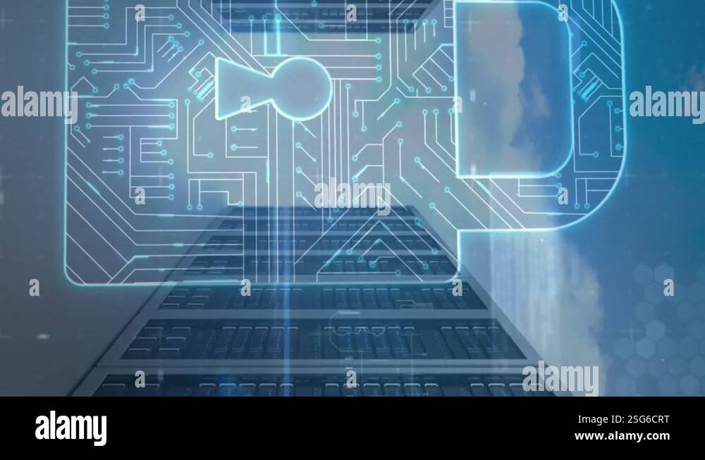 Animation of online security padlock and data processing over computer ...