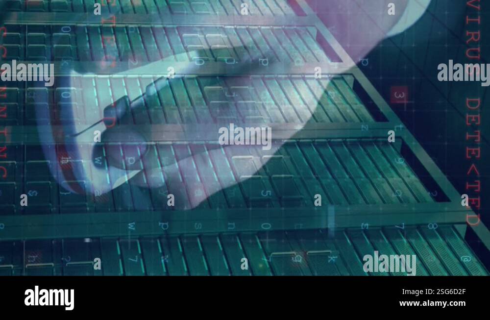 Animation of cyber attack warning over hand of caucasian man in server ...