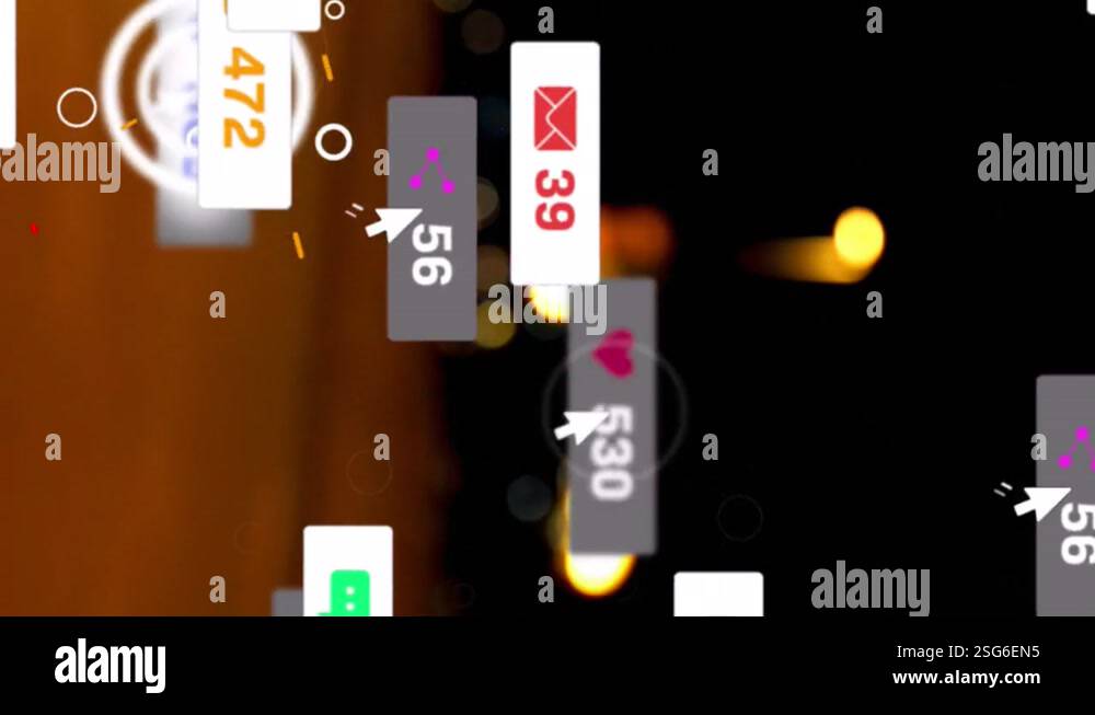 Animation of social media icons and numbers over out of focus traffic lights Stock Video Footage ...