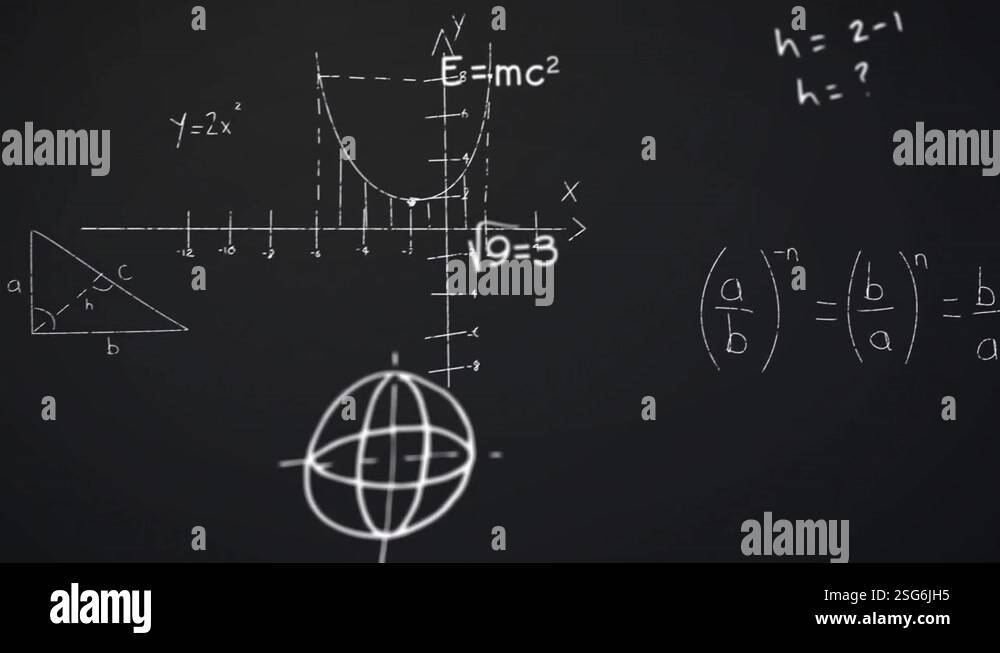 Animation of mathematical equations over globe on black background ...