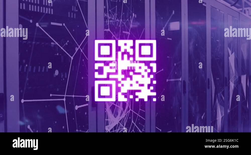Animation of qr code and network of connections over server room Stock ...