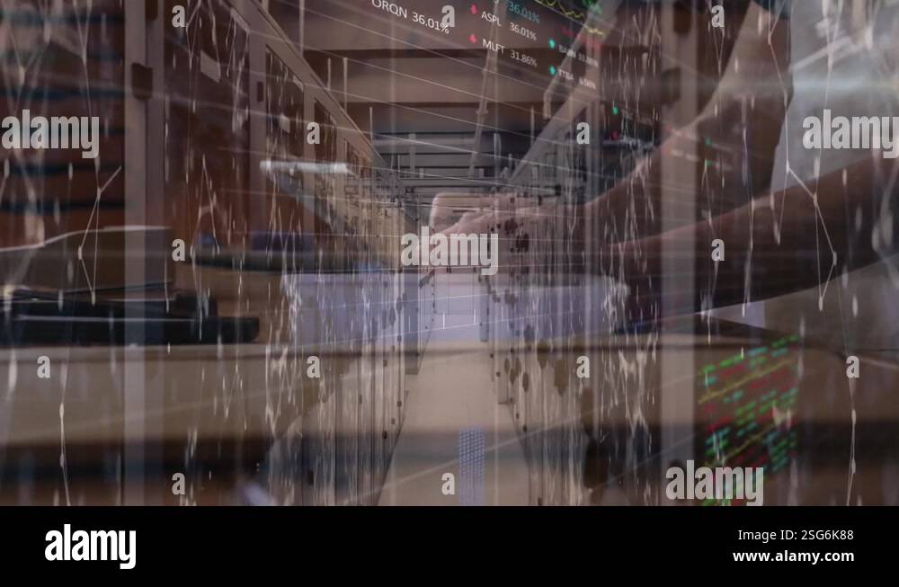 Animation of data processing with server room over diverse business ...