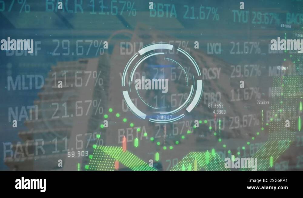 Animation of scope scanning and stock market with data processing over buildings Stock Video ...