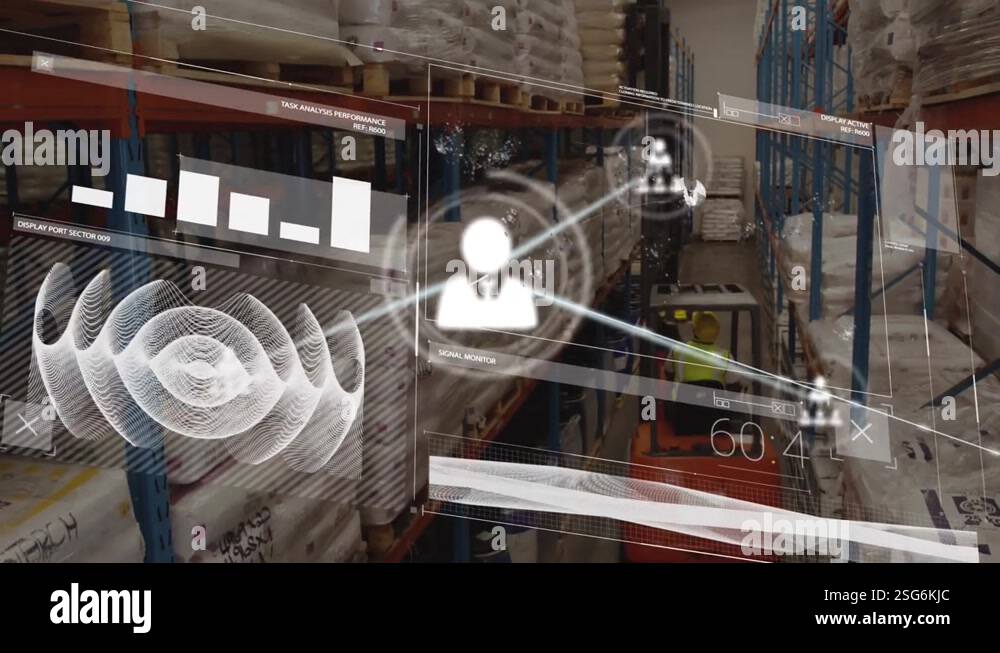 Animation of network of connections and scope scanning over man working ...