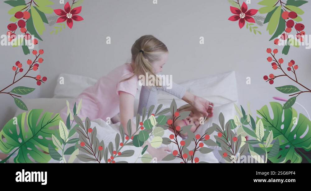 Animation of flowers over daughter waking up her mother Stock Video ...