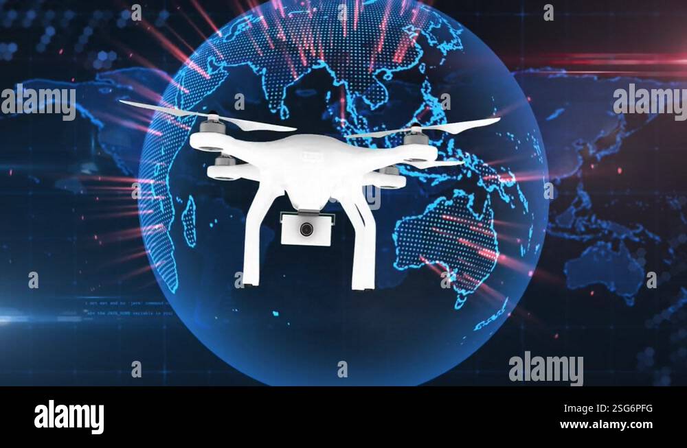 Drone camera flying over spinning globe and world map against blue ...