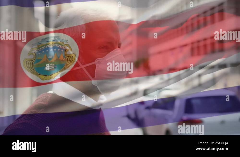 Animation of flag of costa rica waving over caucasian man wearing face ...