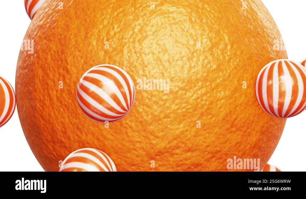 Orange peel sphere with rolling small orange flavor candies looping 3D ...