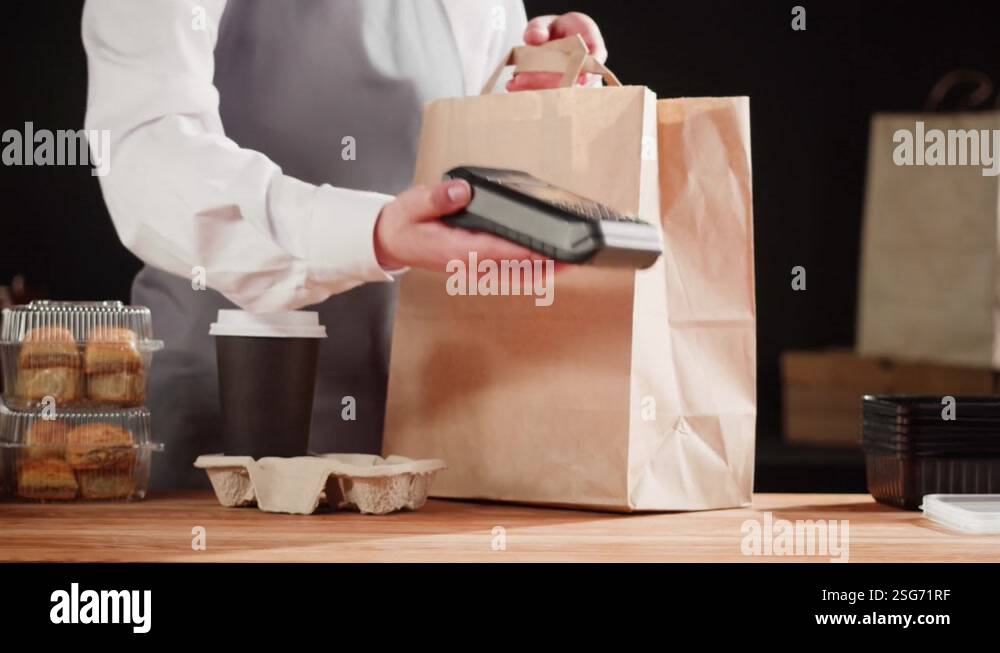 Contactless food shopping by credit card. Food delivery service. Take ...