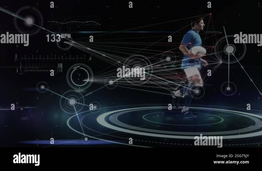 Network connected points with male rugby player running Stock Video ...