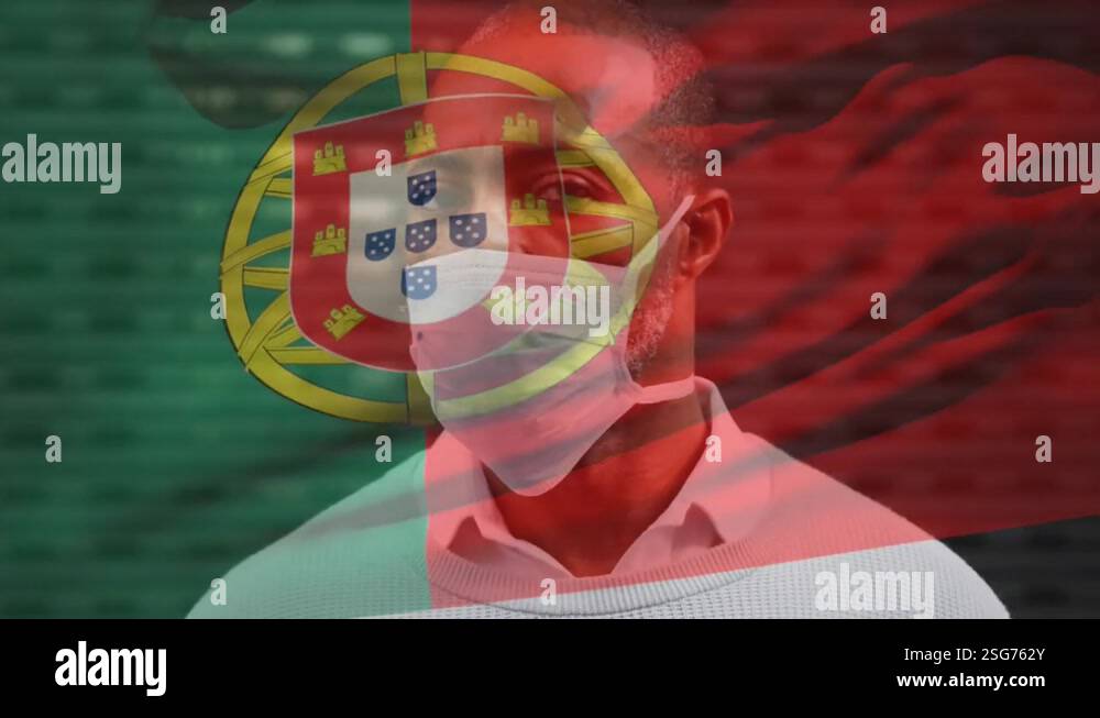 Animation of flag of portugal waving over african american man wearing ...