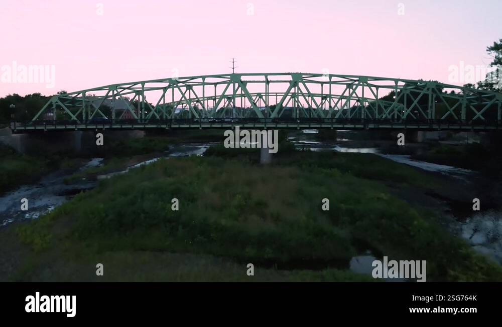 Westfield Massachusetts bridge sunrise ariel drone shot fly over ...
