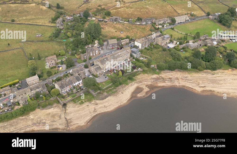 Drone footage of a rural Yorkshire Village with a mill chimney. Shot at ...