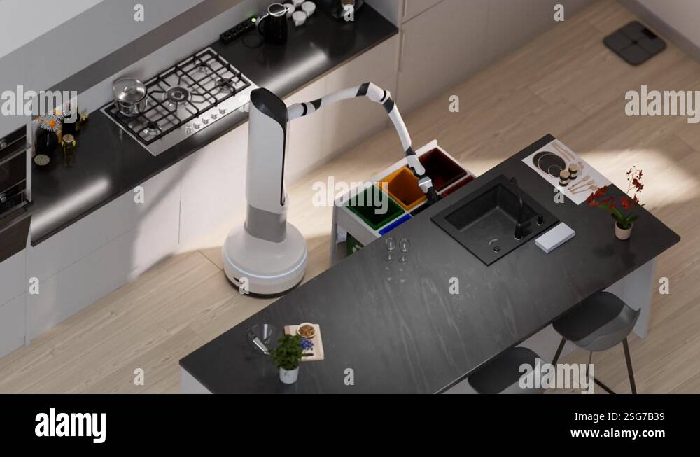 Automated kitchen robot arm helping with chores. Futuristic home ...