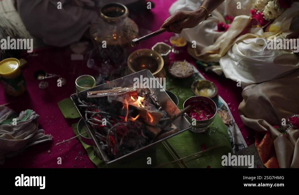 A shot of pyre burning at an Indian wedding for rituals in New Delhi ...