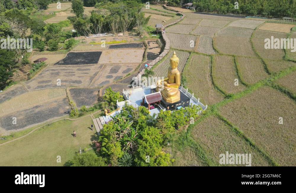 Aerial view of big gold Buddha statue and Pagoda at Wat Na Khu Ha ...