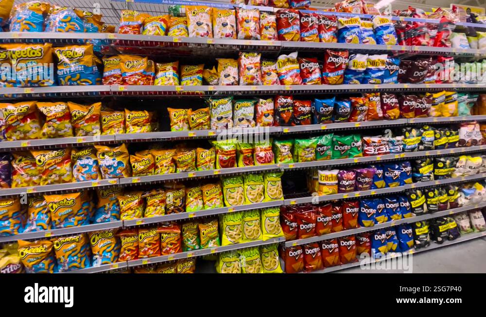 Walmart grocery store interior potato chip section Stock Video Footage ...