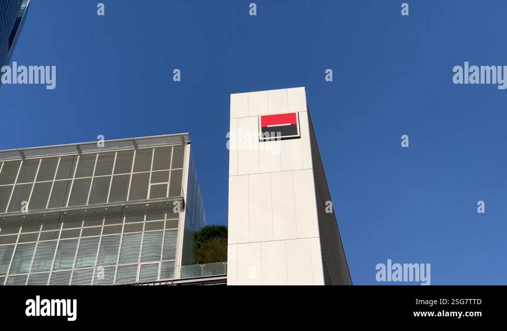 Societe Generale logo on the headquarters tower in La Defense in Paris ...