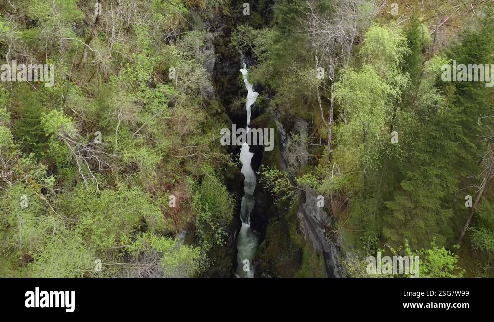 Top down aerial looking down into deep gorge ravine Bordalsgjelet in ...