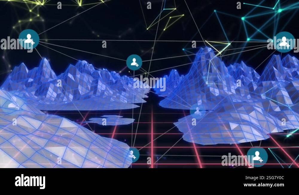 Animation of network of connections with icons over digital mountains ...