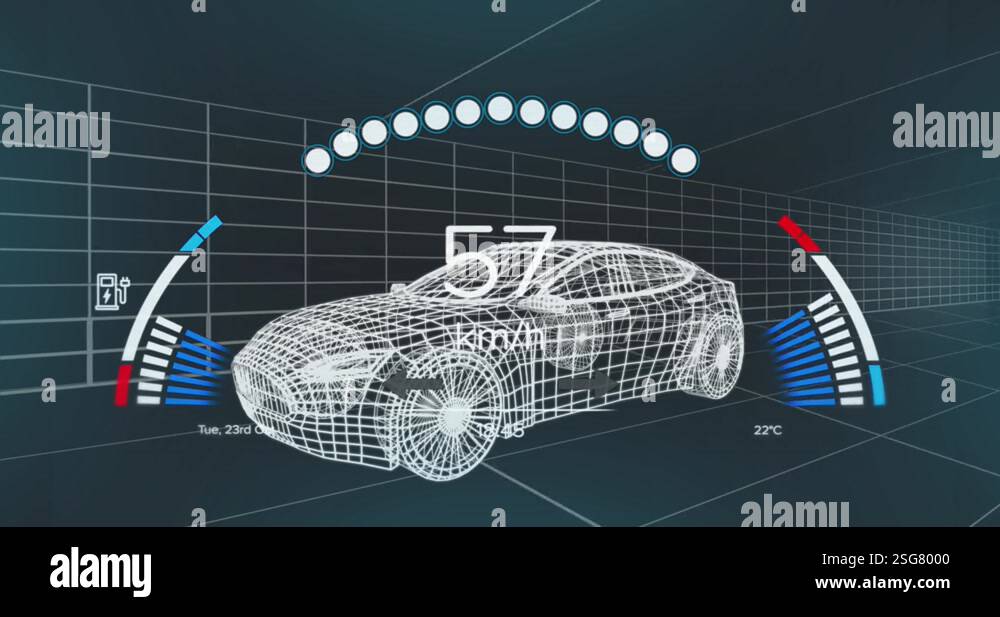 Animation of speedometer over 3d model of a car moving against blue ...